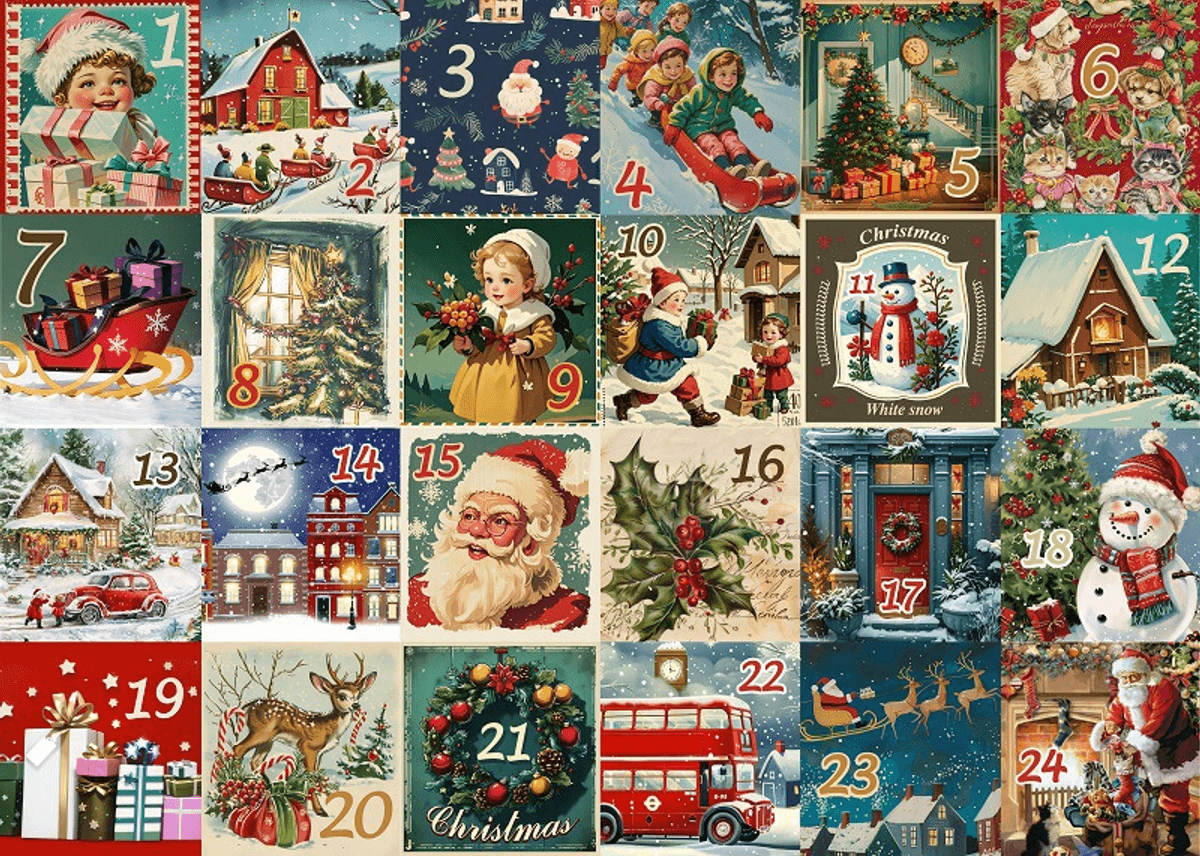 Julekalender Nostalgi med 24 jule puslespill - 1008 biter - 123friluft